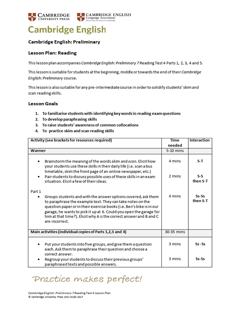 Cambridge English: Preliminary Lesson Plan: Reading | PDF | Laurence ...