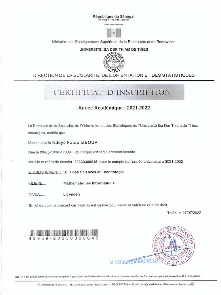 Certificat D'inscription | PDF