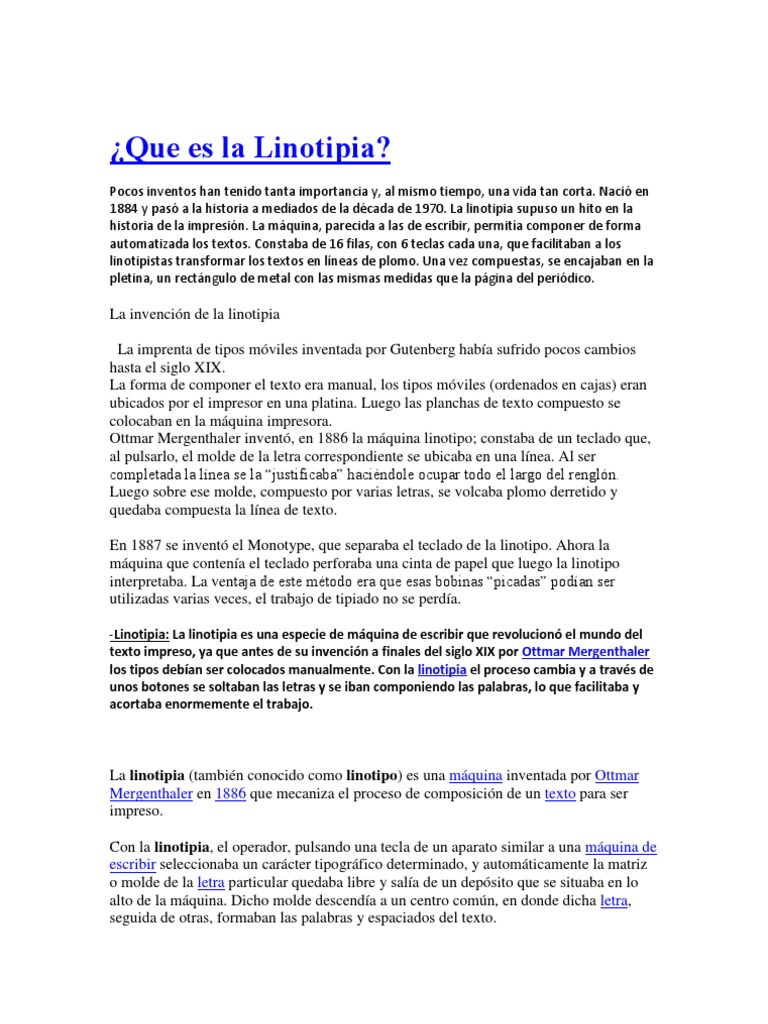 Linotipia: Historia y Funcionamiento | PDF | Texto | Medios de arte