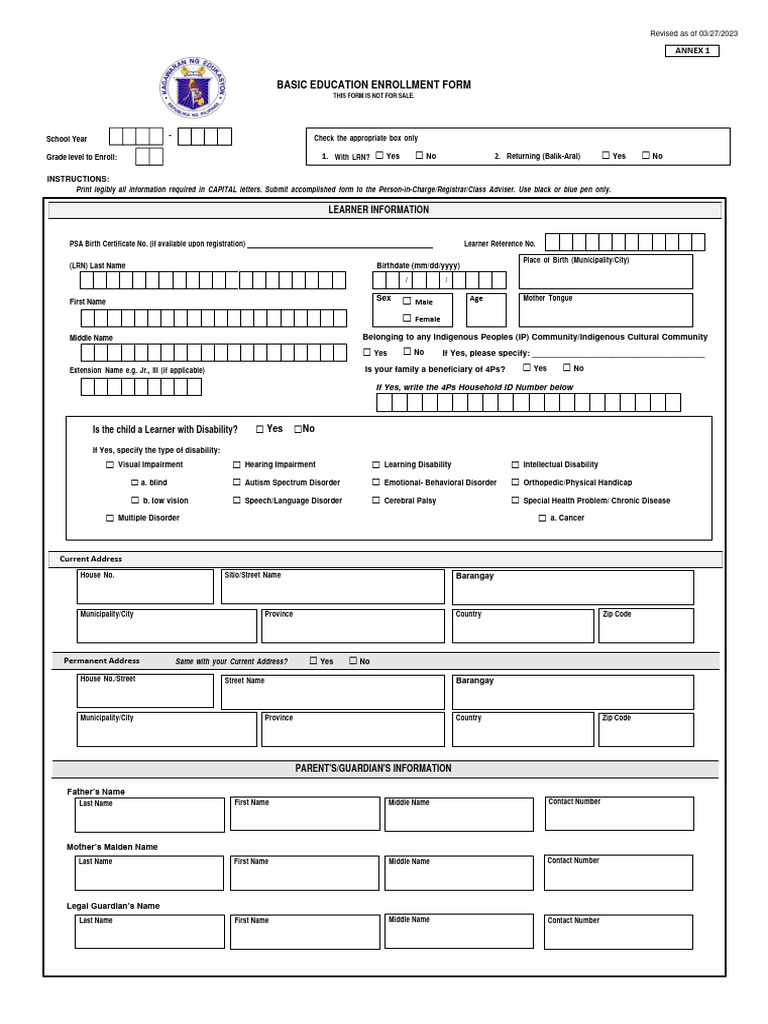 Basic Education Enrollment Form | PDF | Disability | Intellectual ...