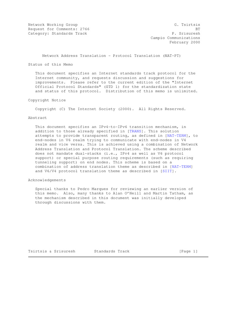 rfc2766 (Network Address Translation - Protocol Translation (NAT-PT ... rfc2766 (Network Address Translation - Protocol Translation (NAT-PT ...
