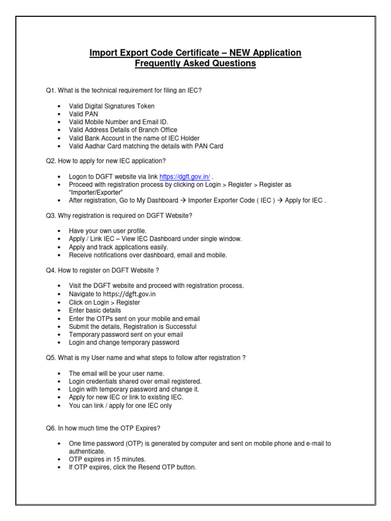 DGFT - Profile Management (IEC) FAQs v1.0 | PDF