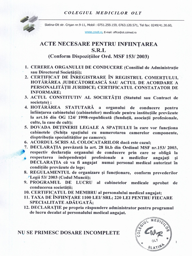 ACTE-NECESARE-INFIINTARE-SRL | PDF