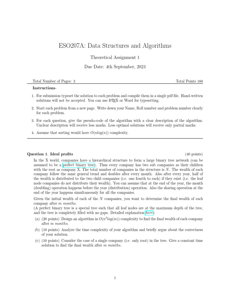 ESO207A: Data Structures and Algorithms: Theoretical Assignment 1 Due Date: 4th September, 2023 ...