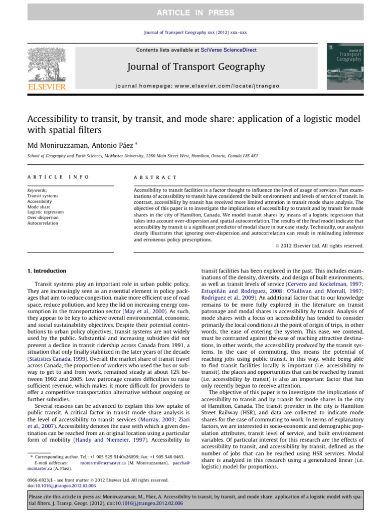 Accessibility To Transit, by Transit, and Mode Share Application of A ...