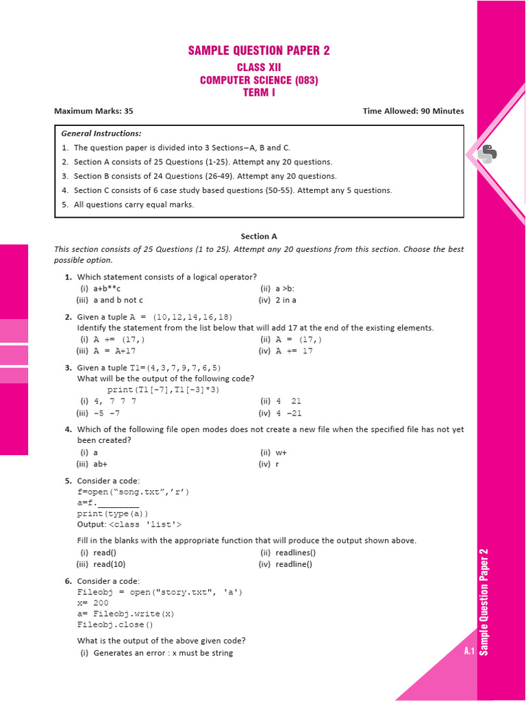 Computer Science-Class-Xii-Sample Question Paper-2 | PDF | Computer ... Computer Science-Class-Xii-Sample Question Paper-2 | PDF | Computer ...