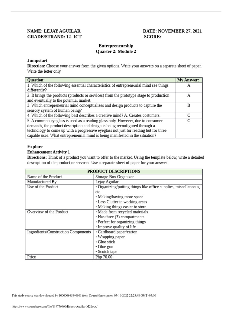 Entrep Aguilar M2 | PDF | Prototype | Taste