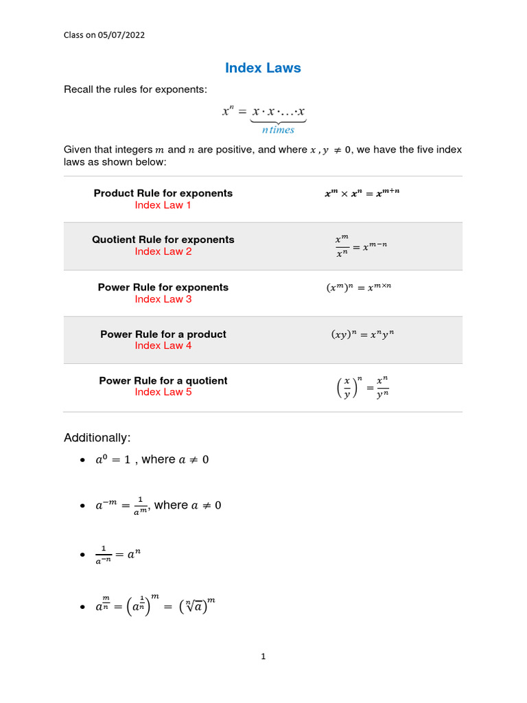 Index Laws | PDF | Mathematics | Arithmetic