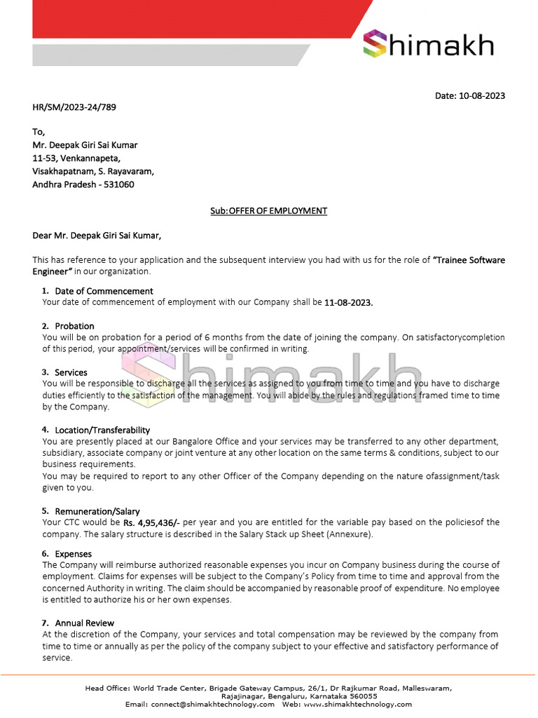 Employment Offer: Trainee Software Engineer | PDF | Employment | Salary