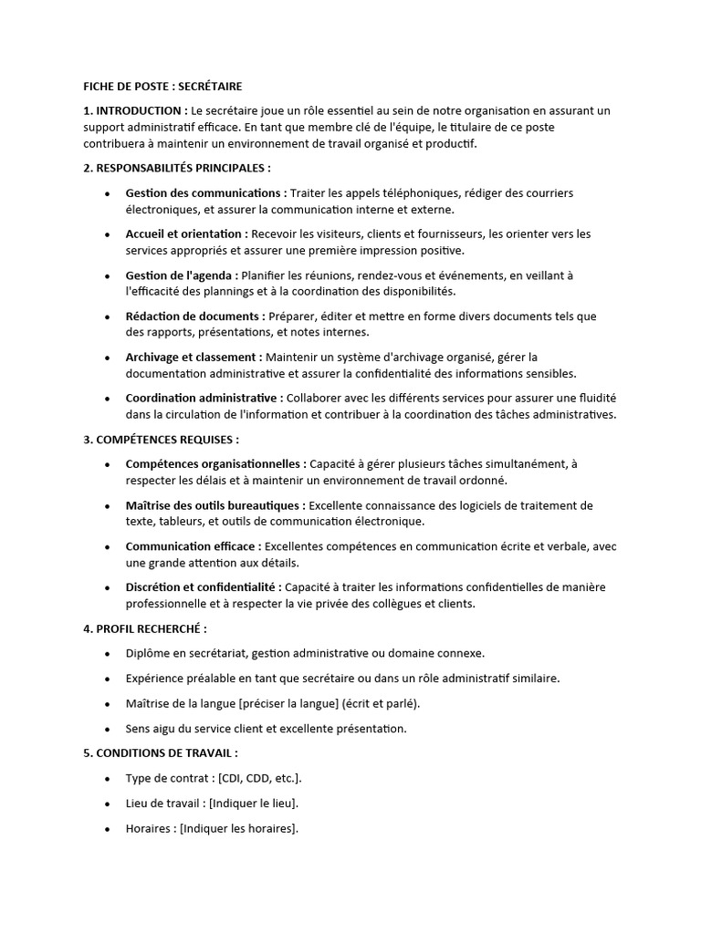 Fiche de Poste : Secrétaire Administratif | PDF | Secrétaire | la communication