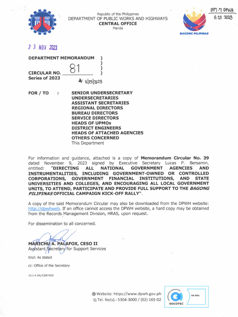 DPWH DMC 81, S. 2023, With Memorandum Circular No. 39, S. 2023 From The ...