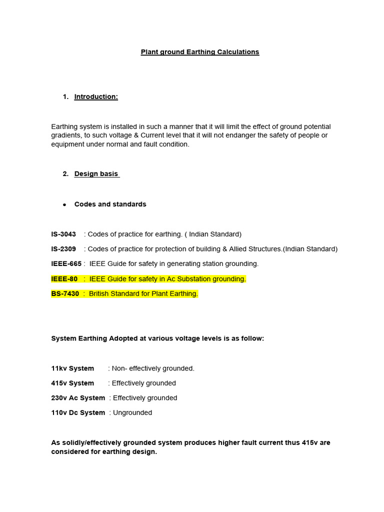 Plant Ground Earthing Calculations | PDF | Electrical Resistivity And ...