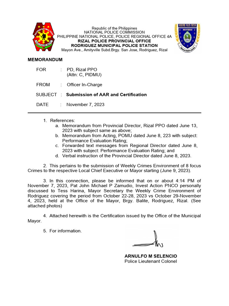 Submission of AAR and Certification October 22-28, 2023 Vs October 29 ...