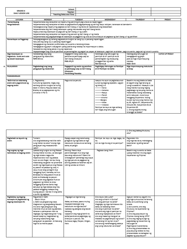 DLL - FILIPINO 6 - Q2 - W9 - Final | PDF