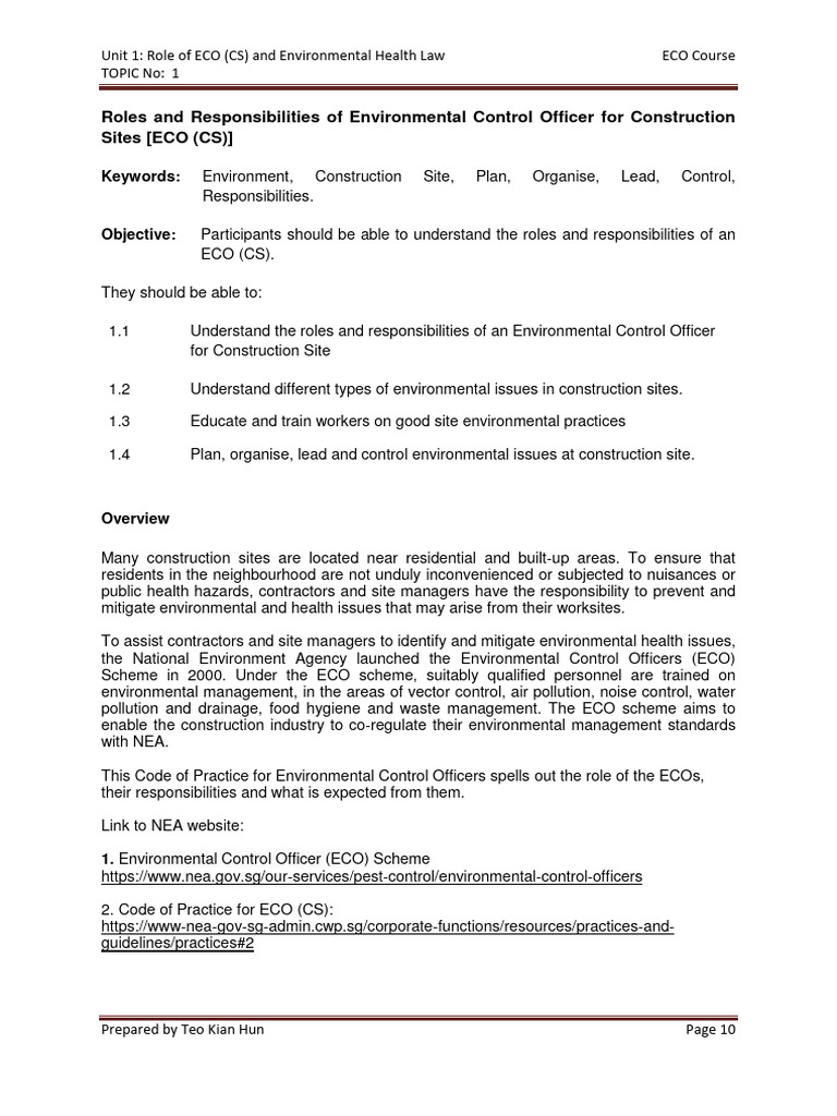 Unit 1A Roles and Responsibilities of Environmental Control Officer ...