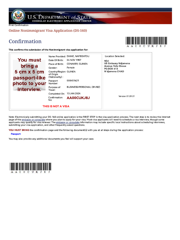 DS-160 Nonimmigrant Visa Confirmation | PDF | Travel Visa | Government