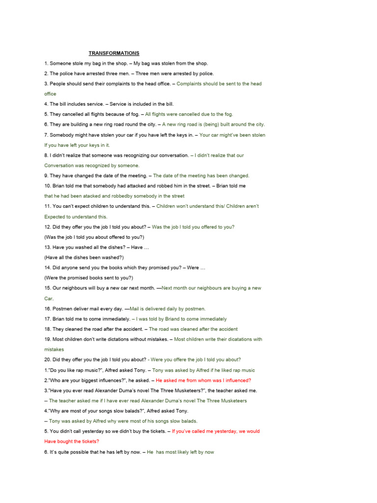 Sentence Transformations Examples | PDF