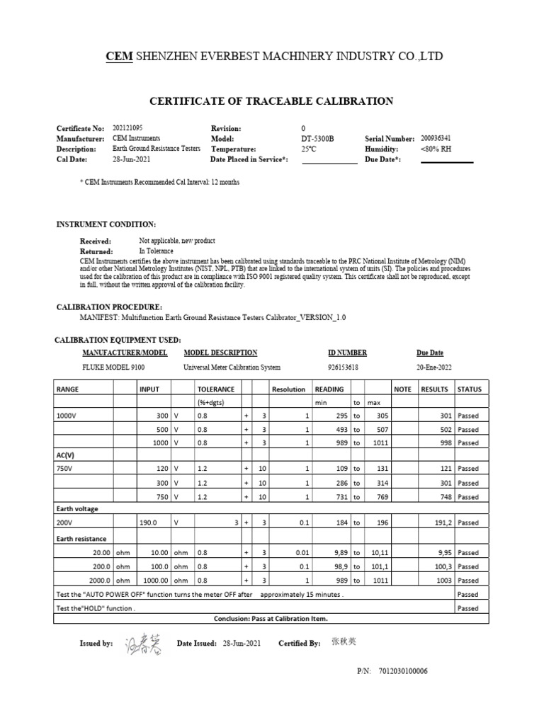 Certificate Calibration DT 5300B Serial Number 200936341 | PDF ...