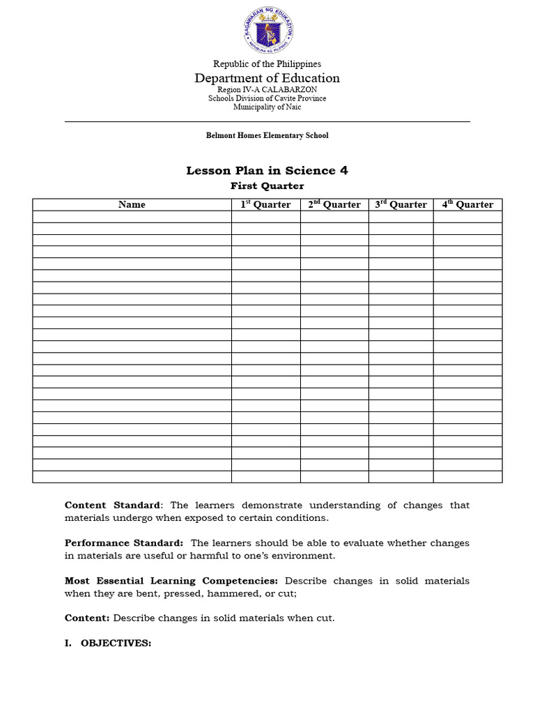 Science 4 Lesson Plan: Changes in Materials | PDF | Learning | Curriculum