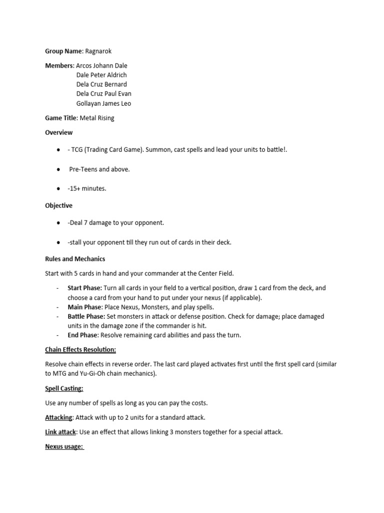 Game Design Sheet (Team Ragnarok) | PDF