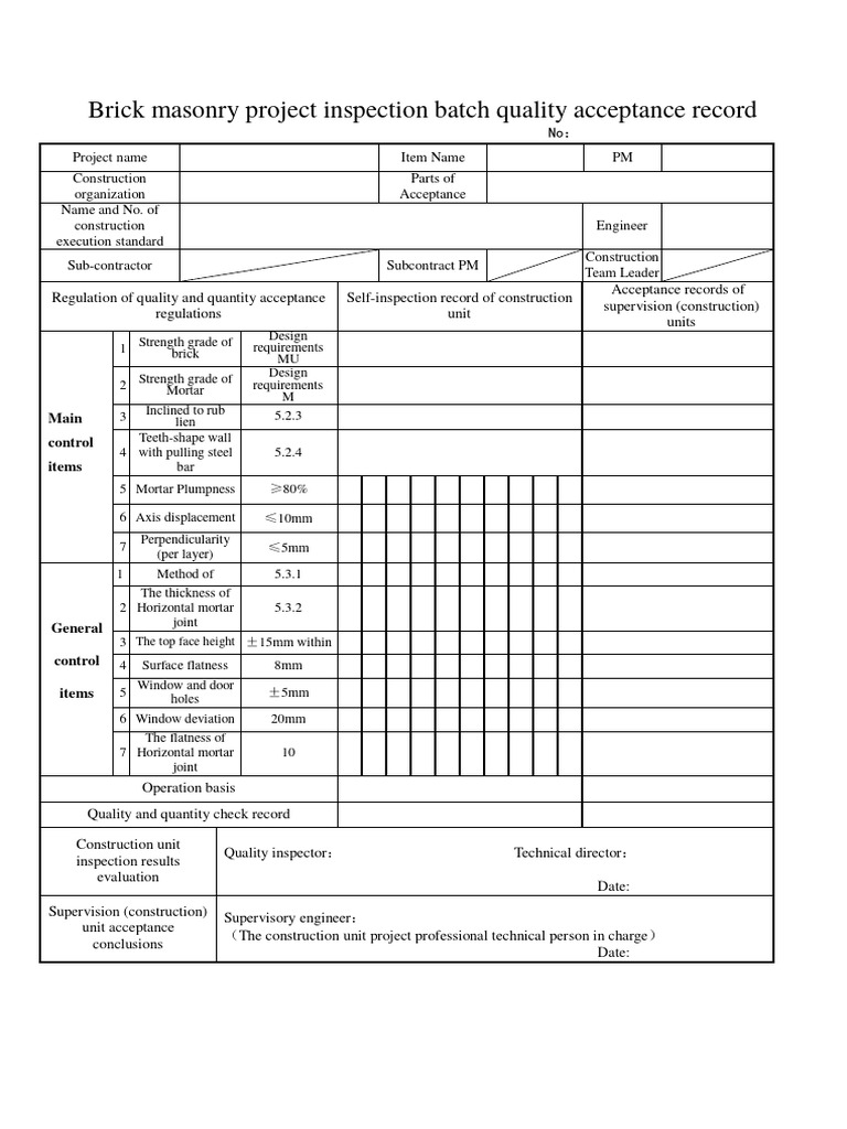 Brick Masonry Project Inspection Batch Quality Acceptance Record | PDF ...