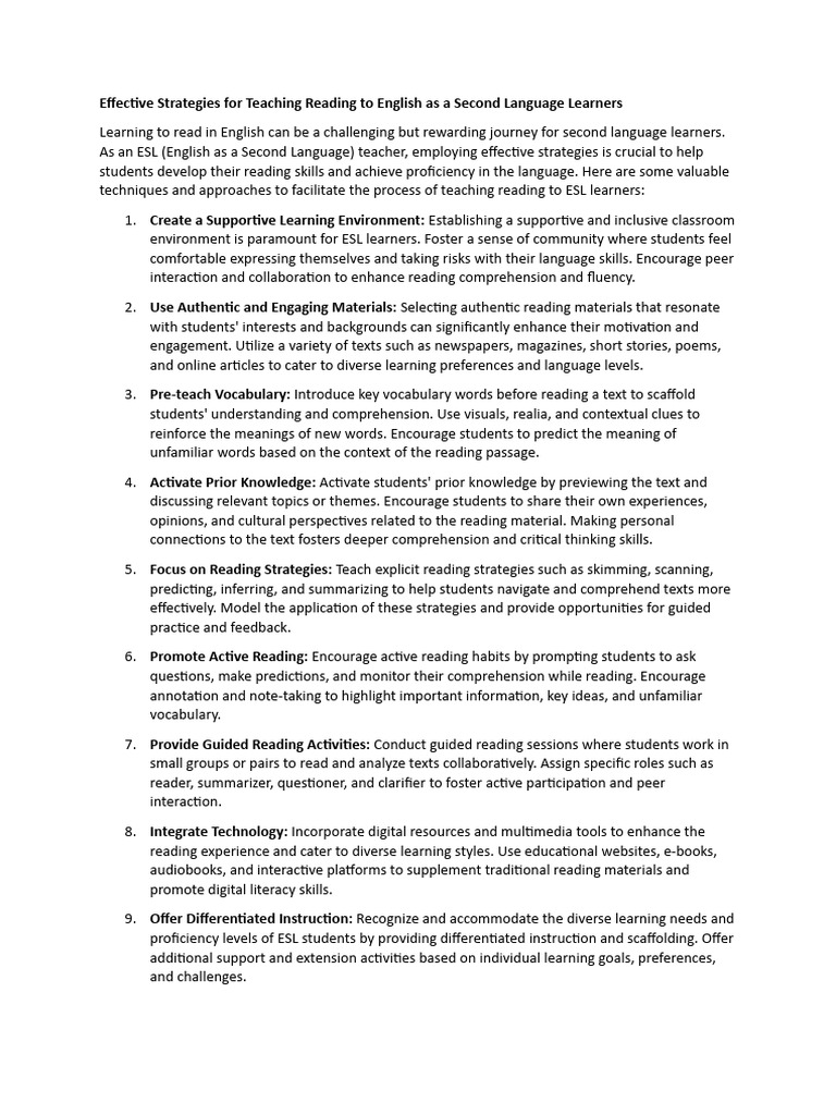 ESL Reading Teaching Strategies | PDF