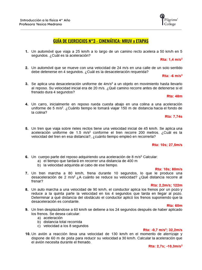Guía de Ejercicios N°3 - Cinemática - Mruv | PDF