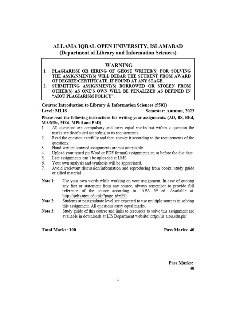Allama Iqbal Open University, Islamabad (Department of Library and Information Sciences) Warning ...