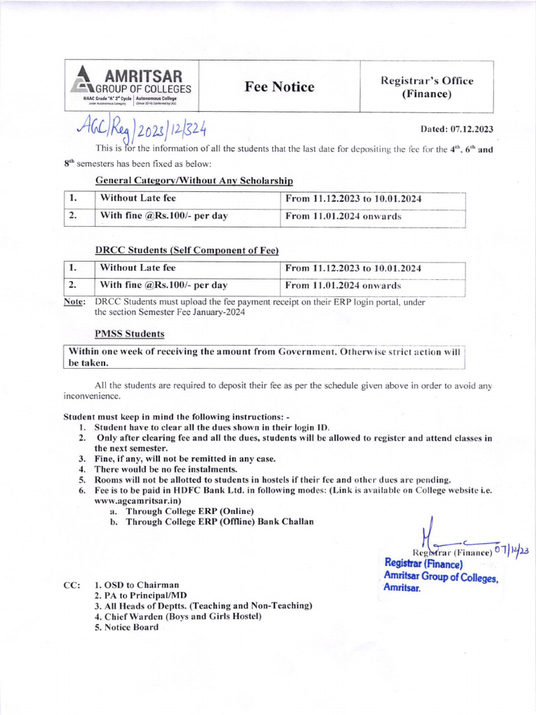 College Fee Payment Notice Dec 2023 | PDF | Business | Finance & Money ...