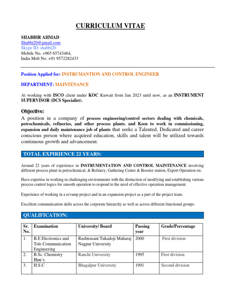 shabbi20@InstEnger - CV New-1 | PDF | Instrumentation | Automation