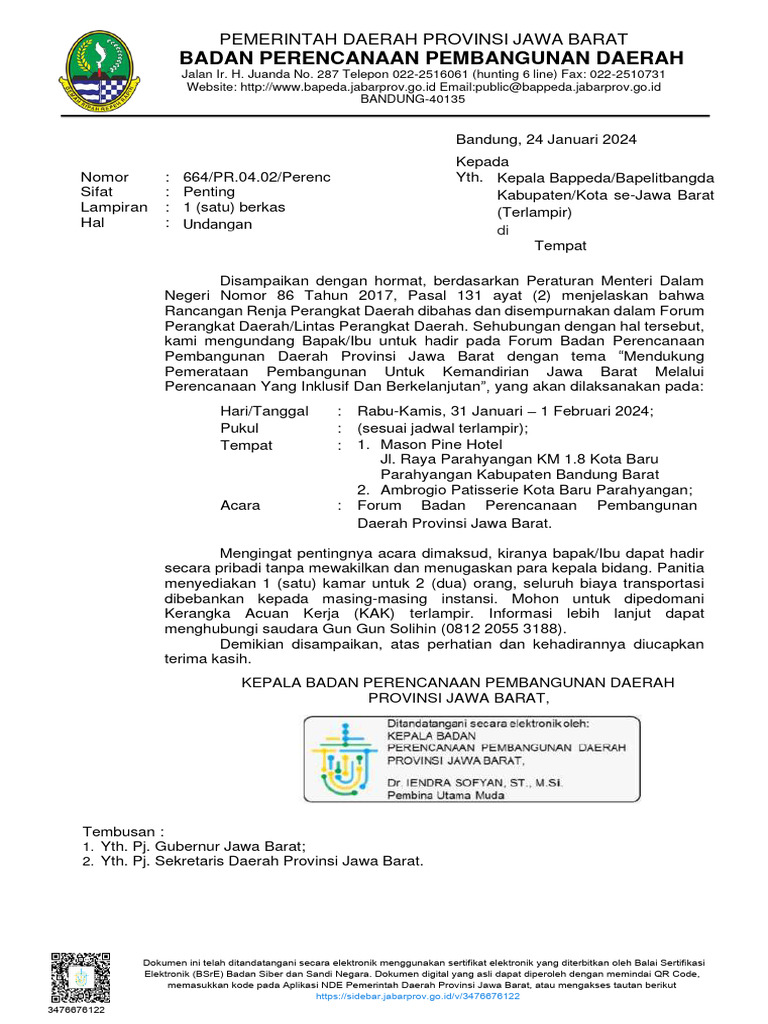 Sekretariat Surat Undangan Narasumber Forum Bappeda Jabar 2024 Kepala Bappeda Se-Jawa Barat ...