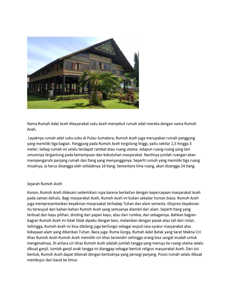 Nama Rumah Adat Aceh Masyarakat Suku Aceh Menyebut Rumah Adat Mereka Dengan Nama Rumoh Aceh | PDF