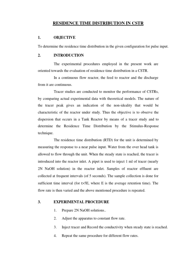 RTD CSTR | PDF | Chemical Reactor | Physical Sciences