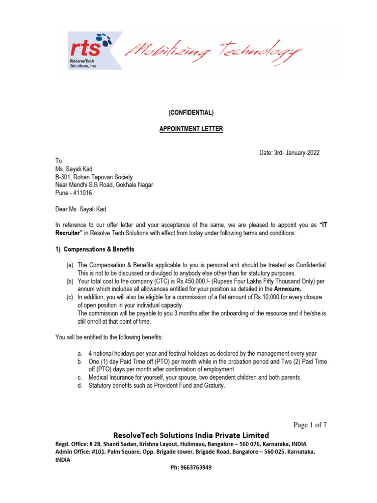 Appointment Letter - ResolveTech | PDF | Confidentiality | Trade Secret