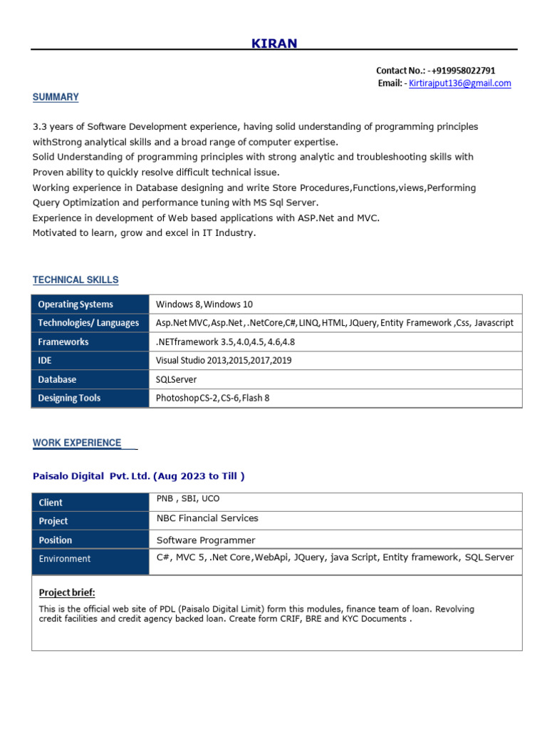 Software Developer Resume - Kiran | PDF | Entity Framework | World Wide Web