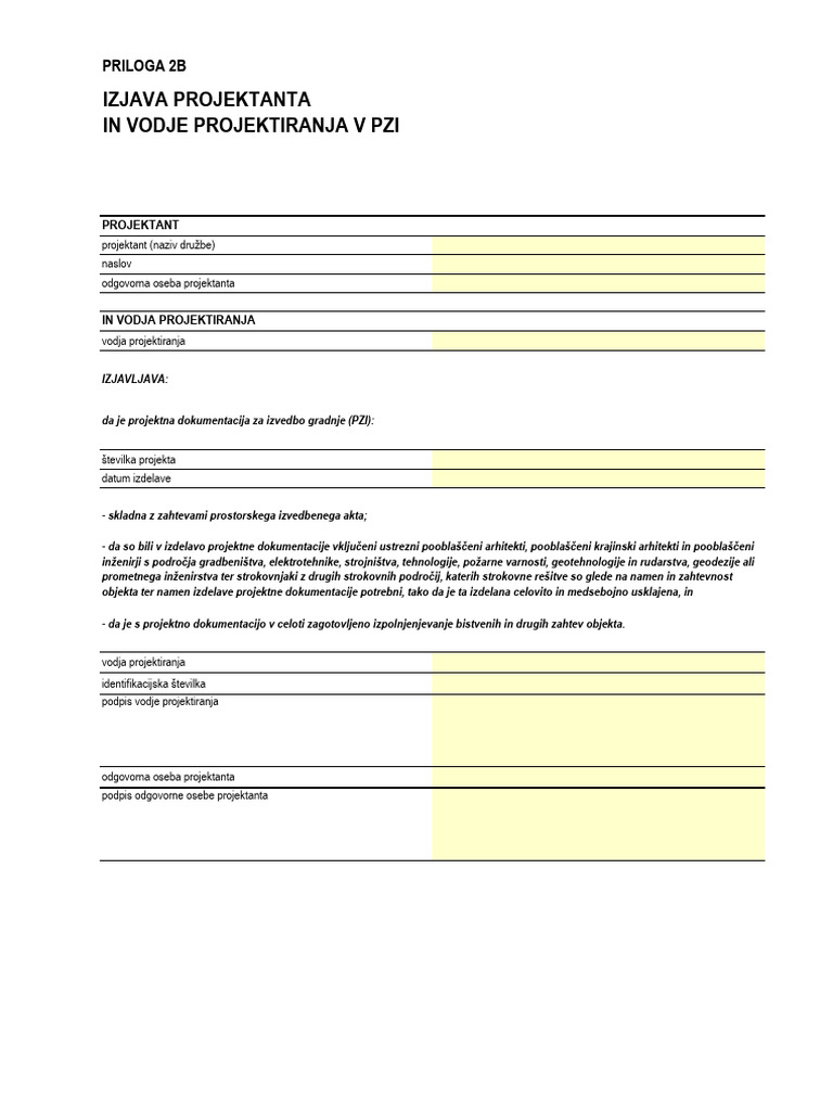 Priloga 2B - Izjava Projektanta in Vodje Projektiranja V PZI | PDF