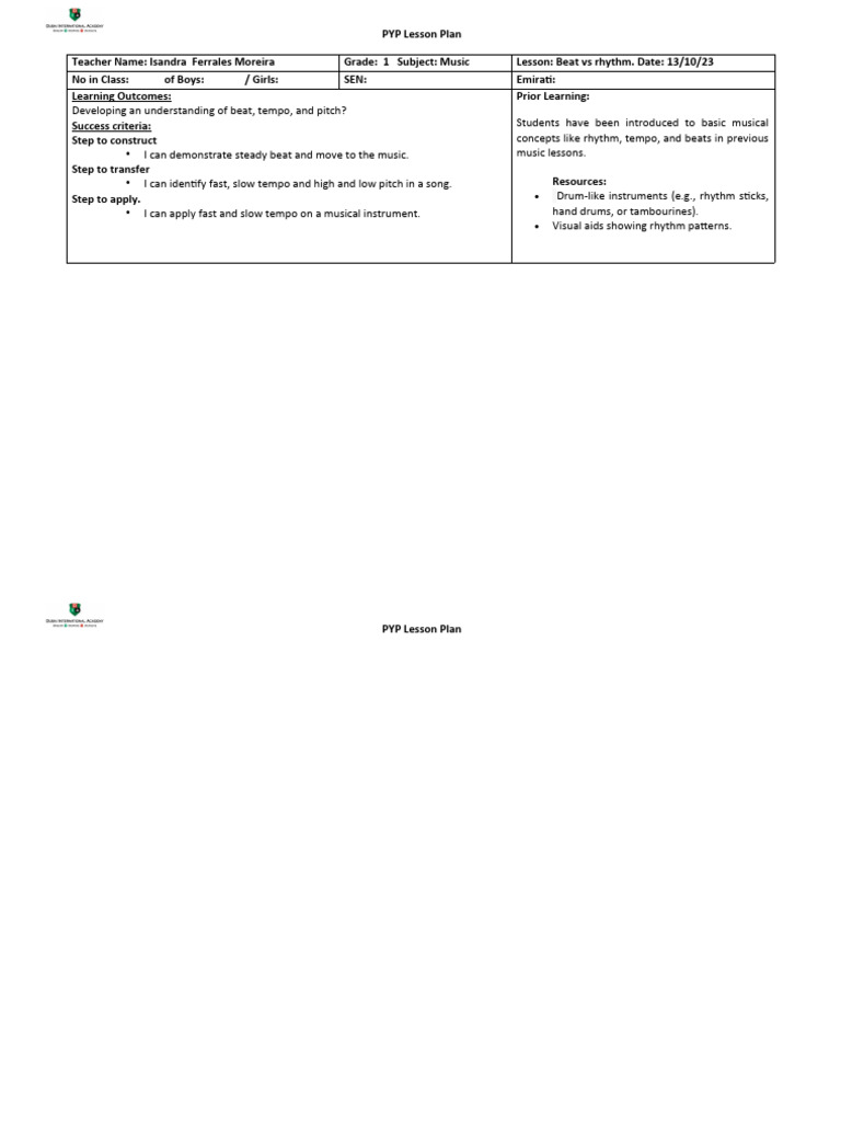 Music Lesson Plan: Beat and Rhythm | PDF | Lesson Plan | Learning