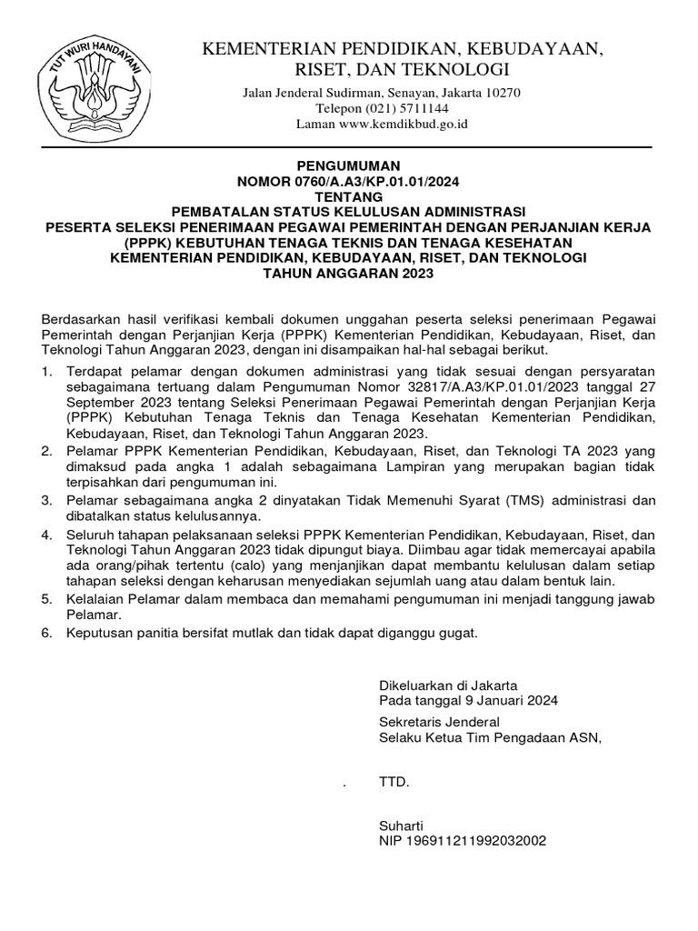 Pengumuman Pembatalan Kelulusan Peserta PPPK TA 2023 - 3 | PDF