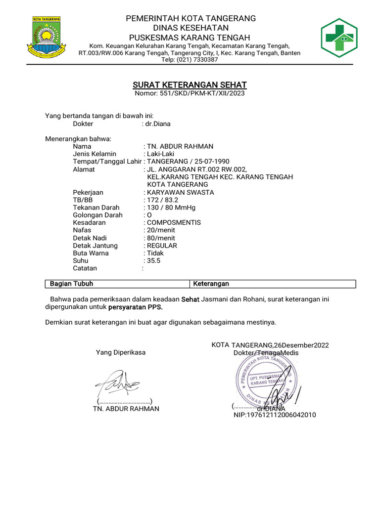 SURAT KETERANGAN SEHAT PUSKESMAS | PDF