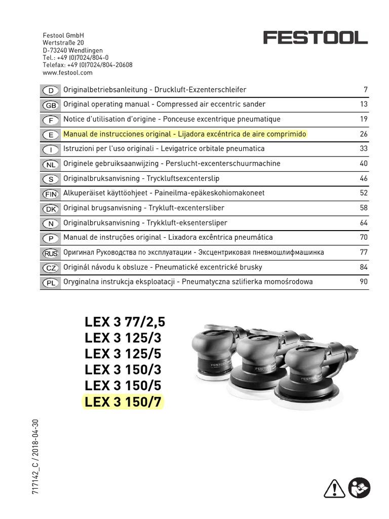 Festool. Lijadora Excéntrica Neumática LEX 3. Manual y CE | PDF