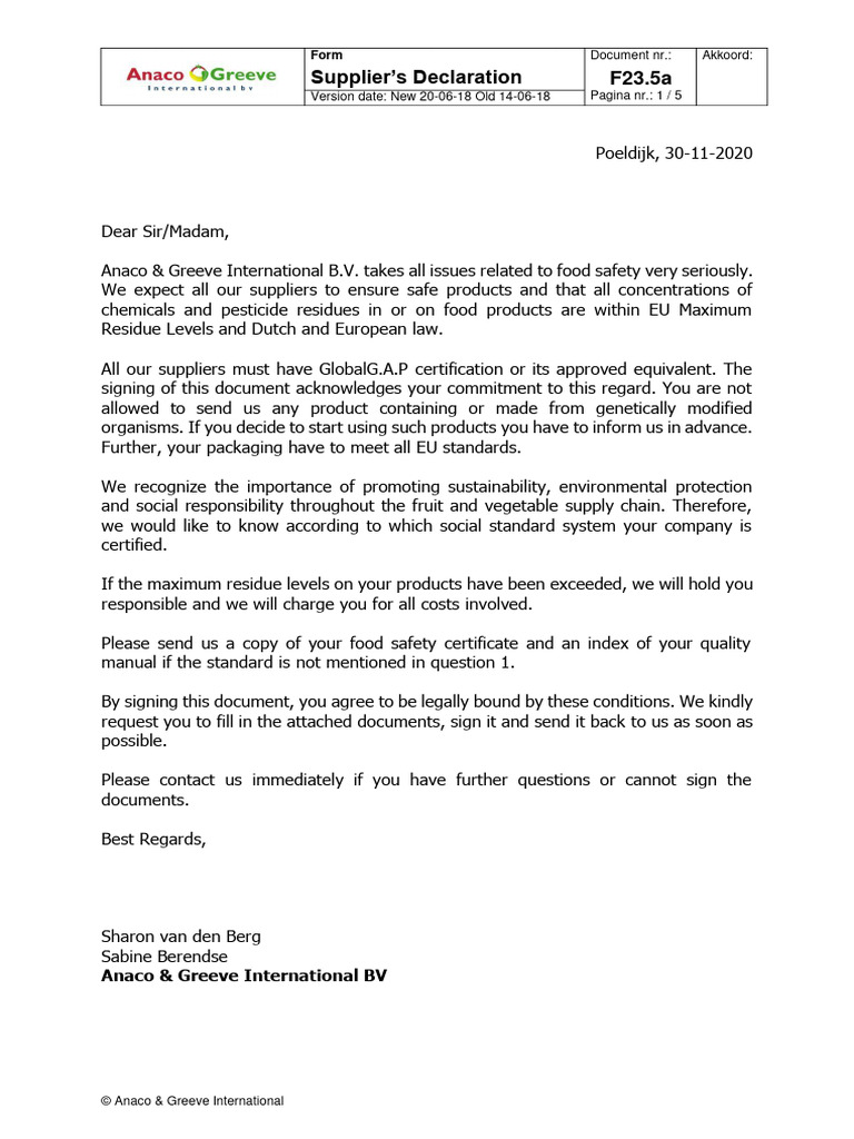 F23.5a Suppliers Declaration 20-06-2018 | PDF | Supply Chain | Food Safety