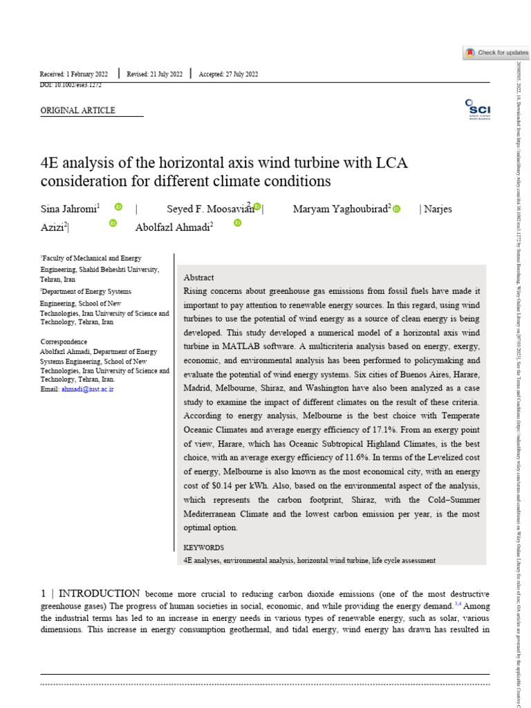 Energy Science Engineering - 2022 - Jahromi - 4E Analysis of The ... Energy Science Engineering - 2022 - Jahromi - 4E Analysis of The ...