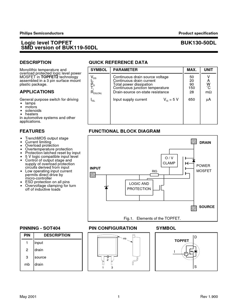 Logic Level TOPFET BUK130-50DL SMD Version of BUK119-50DL: Description Quick Reference Data ...