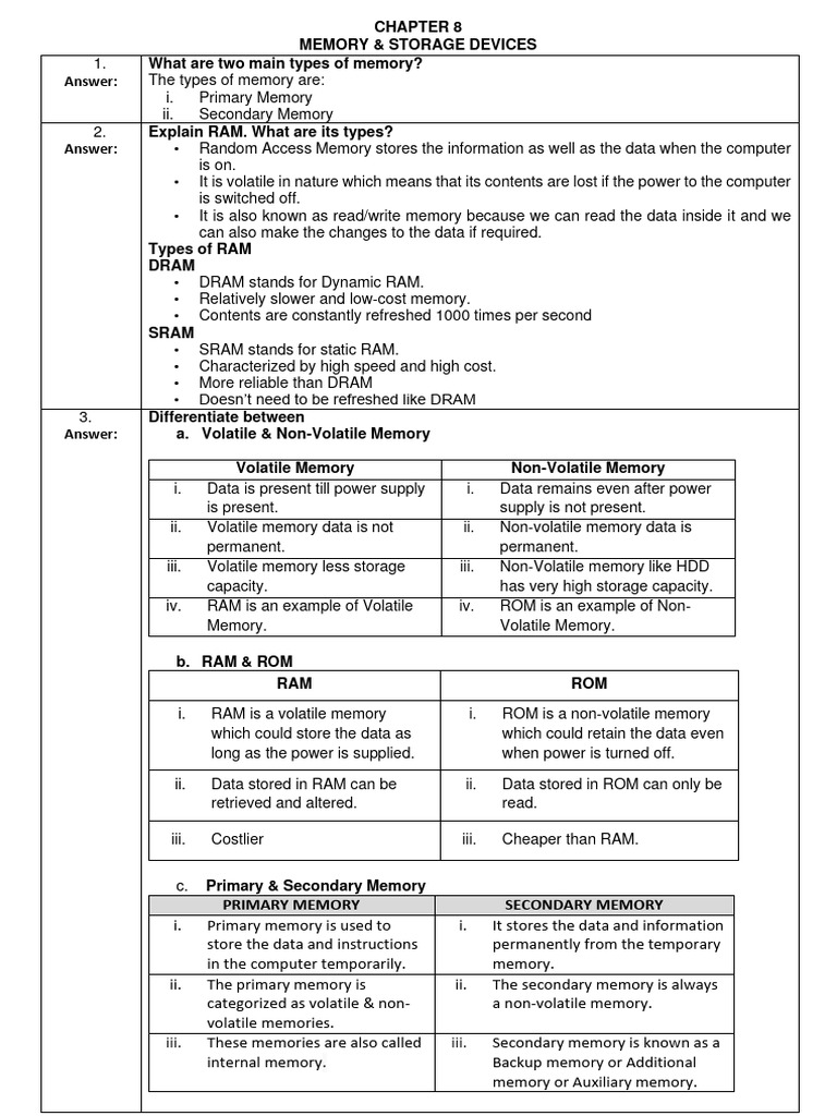Chapter 8 - Memory Storage Devices Question Answers | PDF | Random Access Memory | Computer Data ...