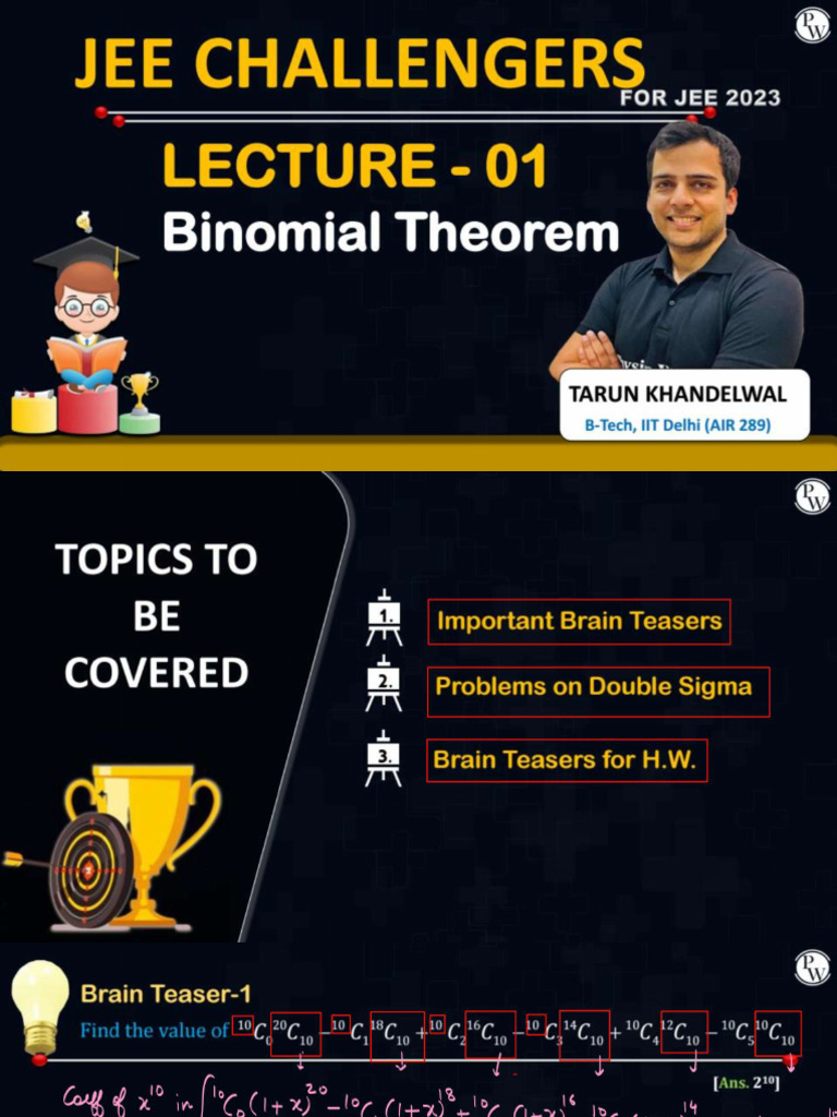 Binomial Theorem 01 - Classnotes - JEE Challengers 2023 | PDF