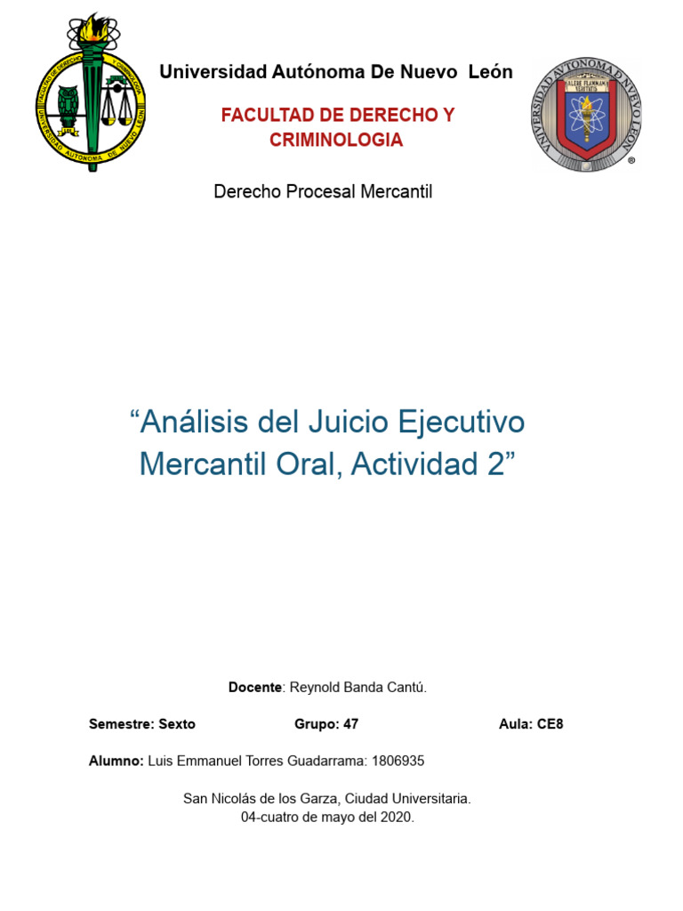 Analisis Del Juicio Ejecutivo Mercantil Oral, Actividad 2, Luis Emmanuel Torres Guadarrama ...
