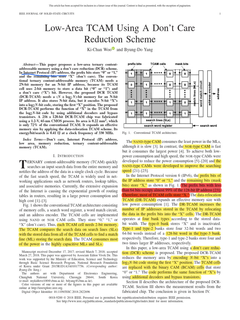 Low Area TCAM Using A Dont Care Reduction Scheme | PDF | Digital Technology | Electrical Engineering