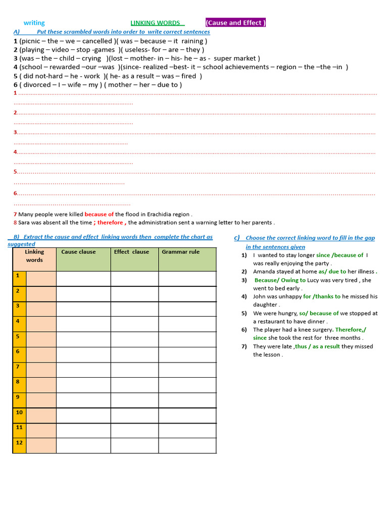 Cause and Effect Linking Words 2 | PDF