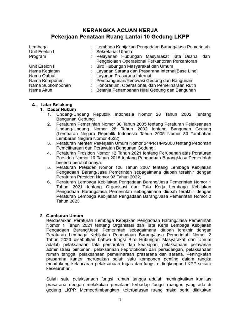 KAK Pekerjaan Penataan Ruang Lantai 10 Gedung LKPP | PDF | Komputer ...