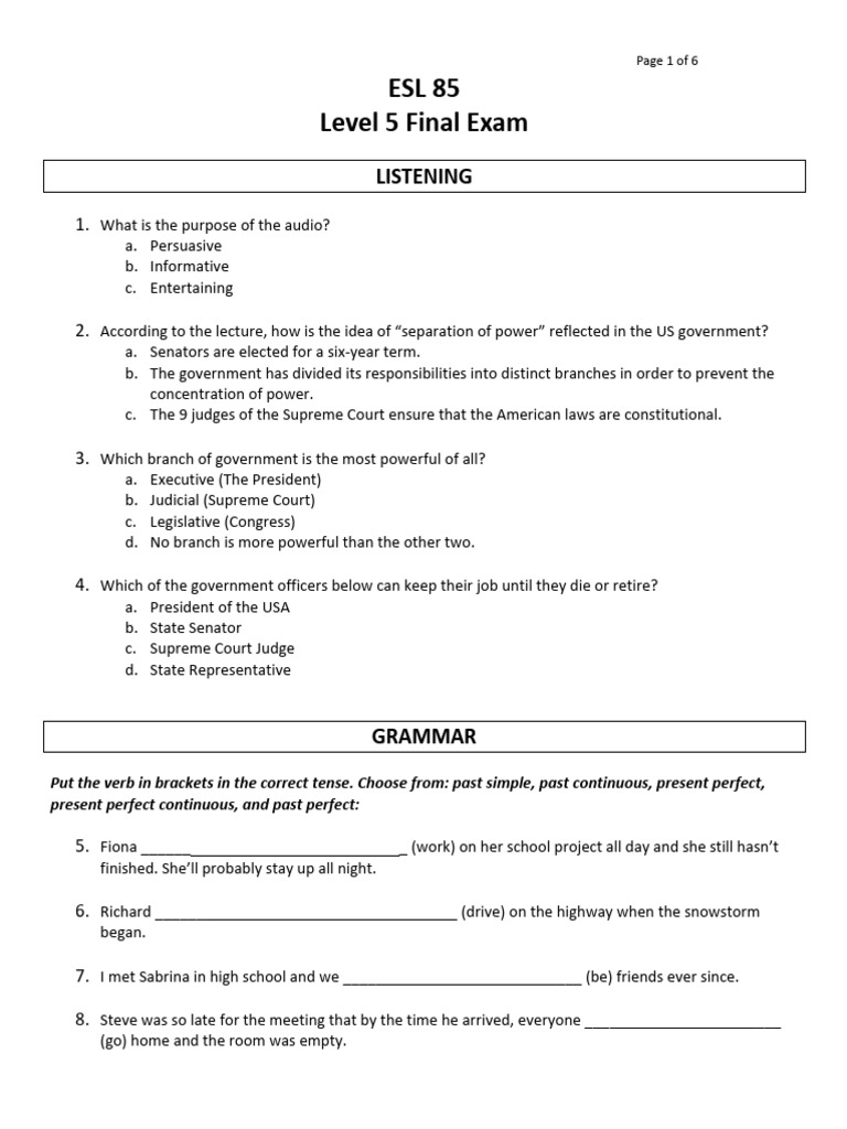ESL 85 Level 5 Final Exam | PDF | Separation Of Powers